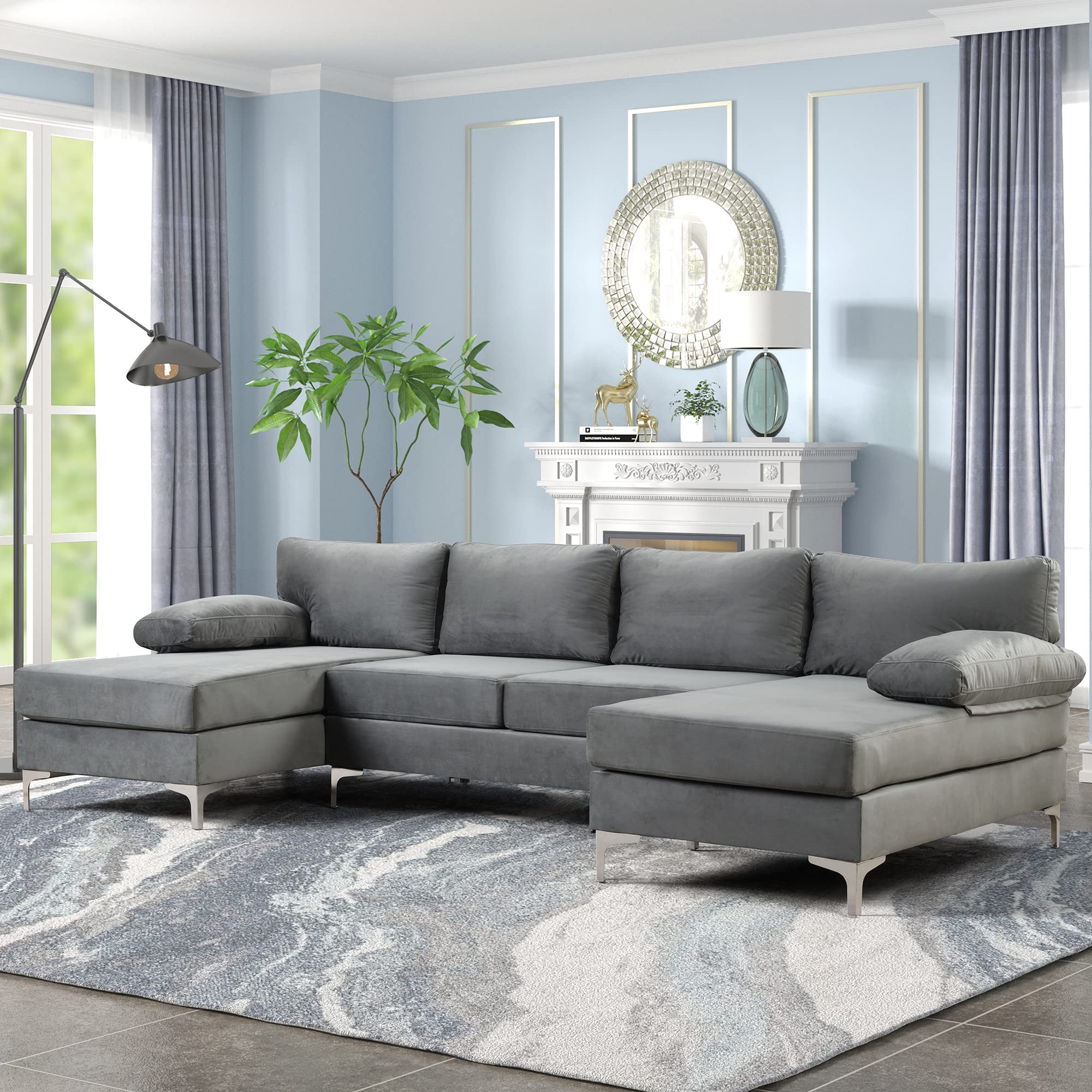 Casa Andrea Milano Modern Large Velvet Fabric U-Shape Sectional Sofa, Double Extra Wide Chaise Lounge Couch