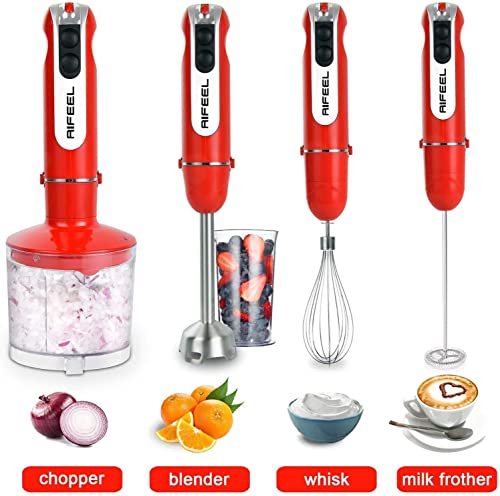 Immersion Hand Blender, Aifeel 5-in-1 Stick Blenderice blade,with Ice Crusher 500ml Food Grinder/Chopper, 600ml Container,Milk Frother,Egg Whisk,Puree Infant Food, Smoothies, Sauces and Soups(red)