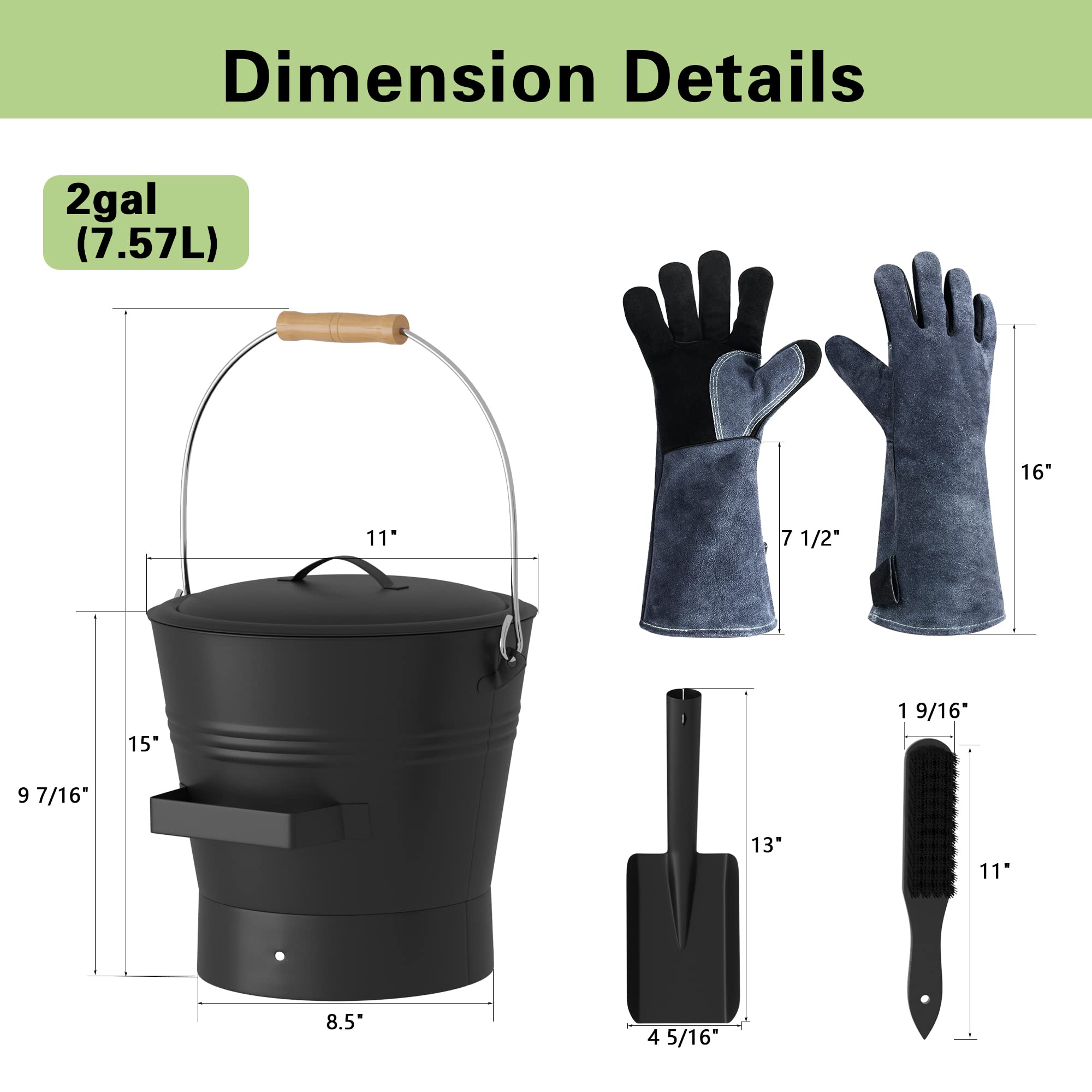 JWX Ash Bucket, Ash Set Keep Your Fireplace Clean and Safe Includes Shovel, Lid, Heat-Resistant Gloves, and Coconut Fiber Brush