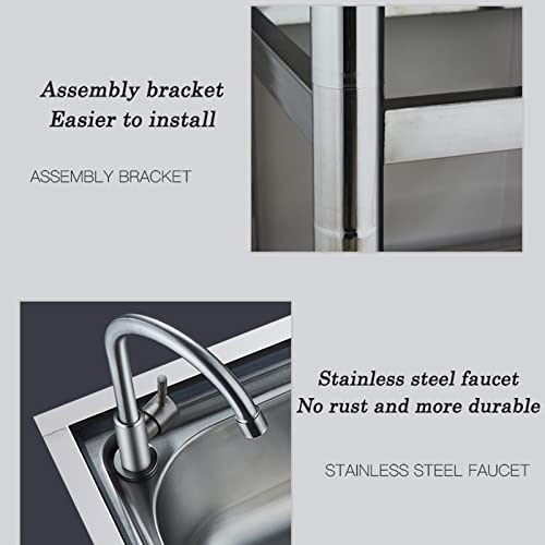 Free Standing Stainless-Steel Single Bowl, Commercial Restaurant Kitchen Sink Set w/ Faucet & Drainboard, Prep & Utility Washing Hand Basin w/ Workbench & Storage Shelves Indoor Outdoor ( Color : A )