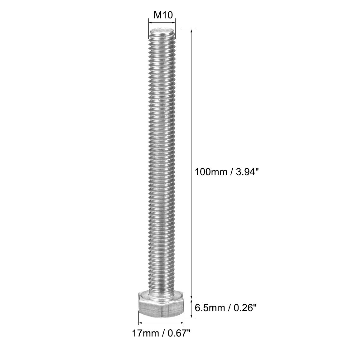uxcell M10x100mm Hex Bolts 304 Stainless Steel Hexagon Screw Bolt 2pcs