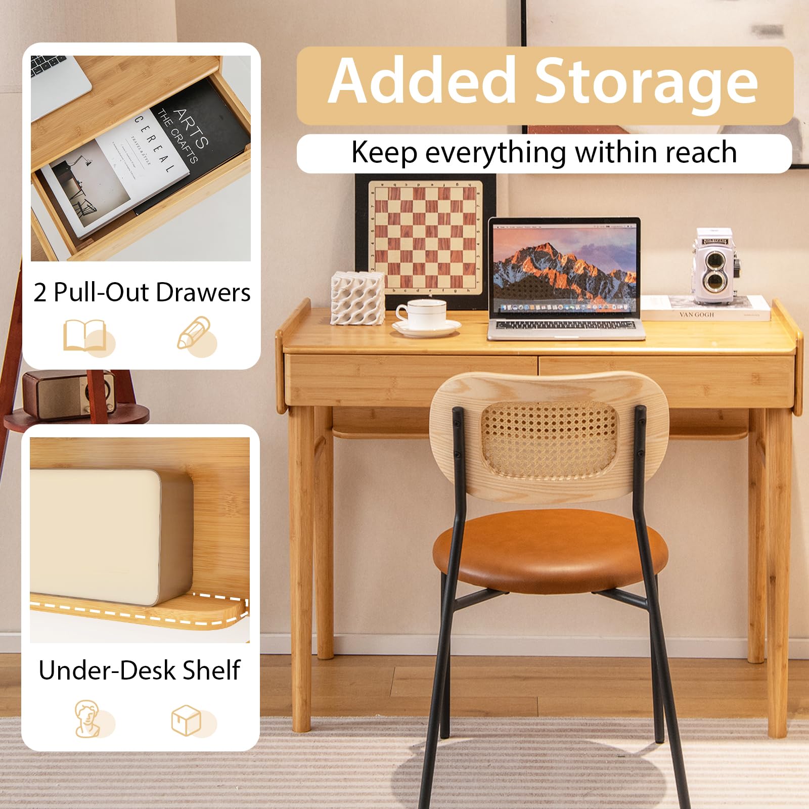 Tangkula Bamboo Mid Century Desk with 2 Storage Drawers, Home Office Study Writing Desk with Shelf & Cable Management Groove, Home Office Desk for Working & Learning