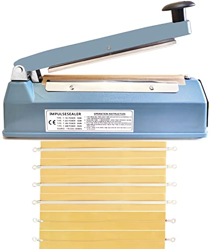 Impulse Bag Heat Sealer for Plastic Bags 8 inch 5mm Sealing, Heavy Duty Iron Housing, Manual Heat Sealing Machine for Mylar Poly Bags, with 6 Repair Kits(Included 2 Cutter Lines)