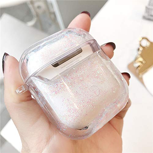 UnnFiko Bling Quicksand Case Compatible with AirPods 1/2, Cute Sparkle Liquid Protective Case, Funny Creative Hard Clear AirpodsĀ 1 & 2 Cover with Keychain (Silver Pink)