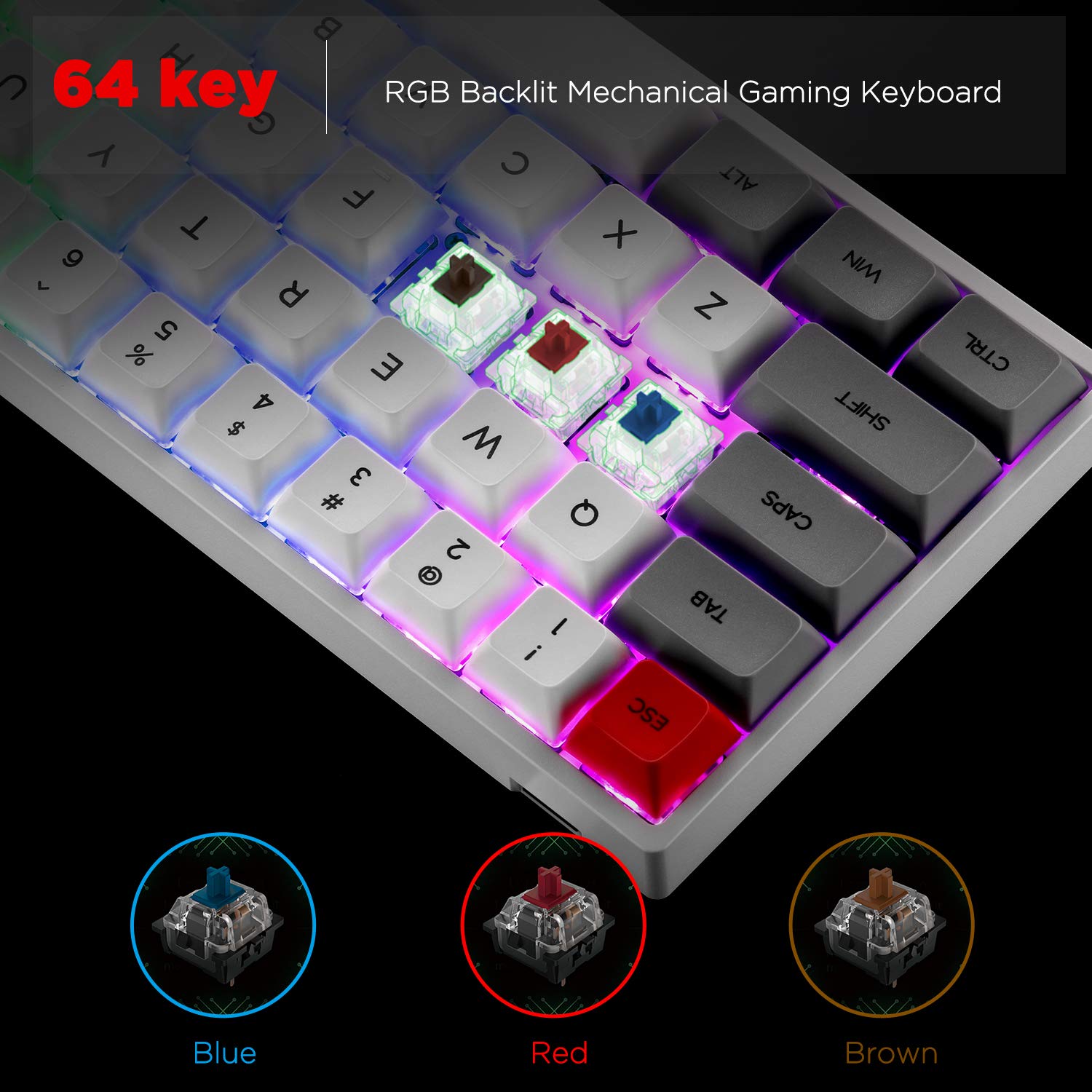 COSTOM SK64 60% Mechanical Gaming Keyboard, 61 Keys Multi Color RGB Illuminated LED Backlit Wired Programmable with PBT Heat Sublimation Keycaps for PC/Mac Gamer (Gateron Brown Switch)