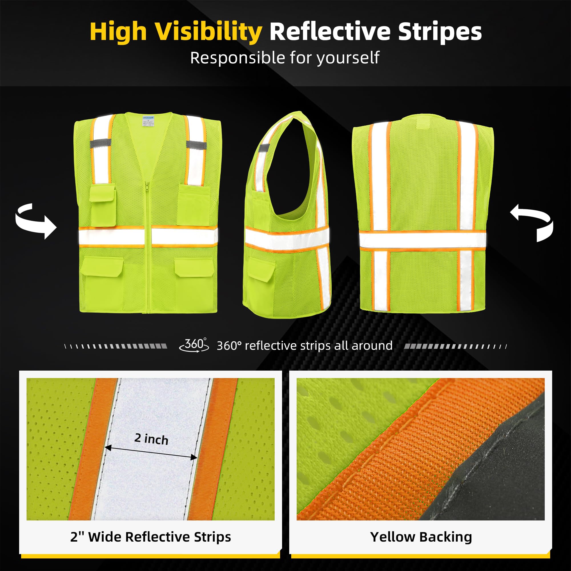 SHORFUNE High Visibility Mesh Safety Vest with 10 Pockets, Mic Tabs, Zipper and Reflective Strips, Reflective Construction Vest for Men and Women, ANSI/ISEA Standards, Yellow, L