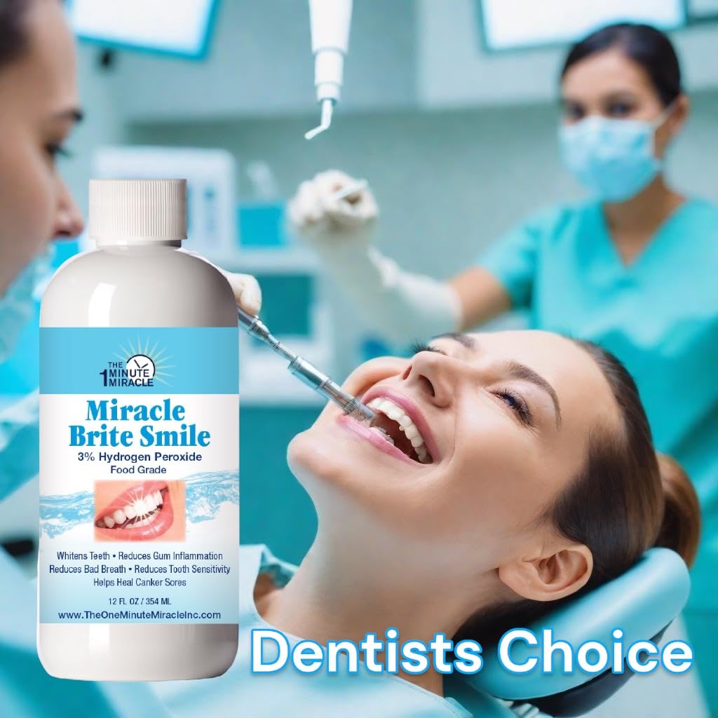 Miracle Brite Smile - 3% Hydrogen Peroxide MedicalFood Grade, Peppermint, Lemon, Clove Leaf, Cinnamon and Rosemary. Organic Essential Oils Leaving a Fresh Breath Mouth. 3 Bottles - 12 oz Bottles.