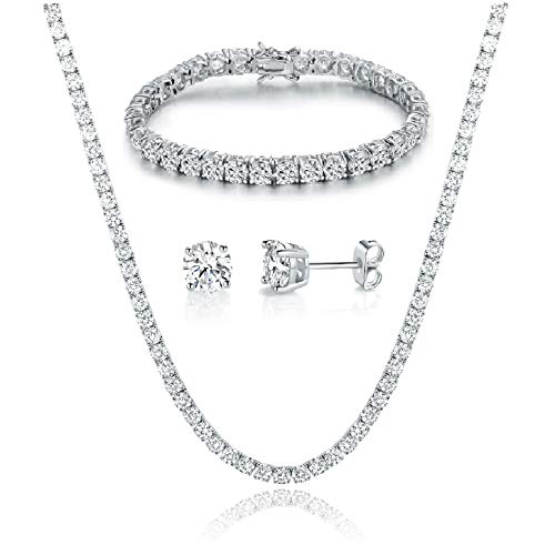 Gemsme 18K White Gold Plated Wedding Jewelry Set Tennis Necklace/Bracelet/Earrings Sets Pack of 3