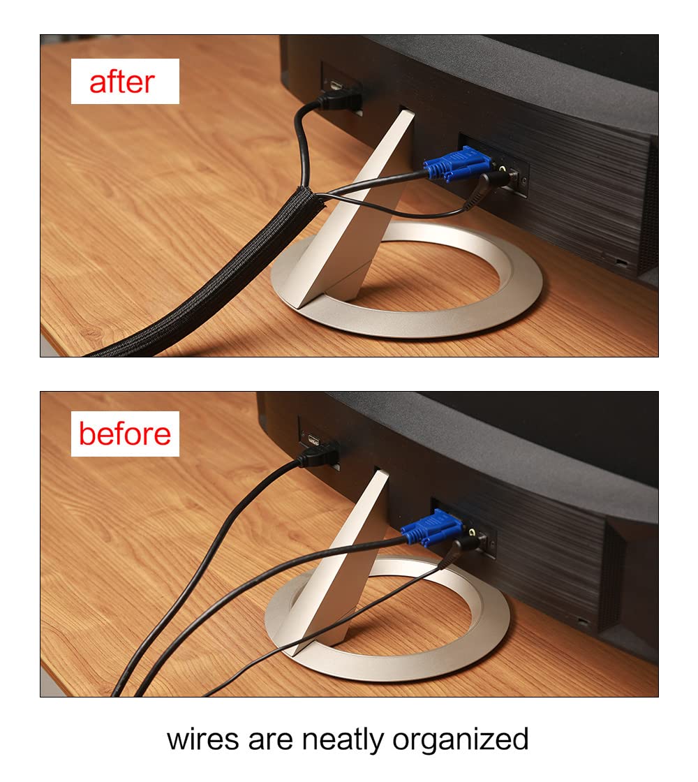 Keco 10ft – 1 inch Cable Management Sleeve Wire Loom Cord Protector – Self Wrap Cable Sleeve Split Sleeving Cord Organizer for TV Computer Automotive Office Home Entertainment – Black