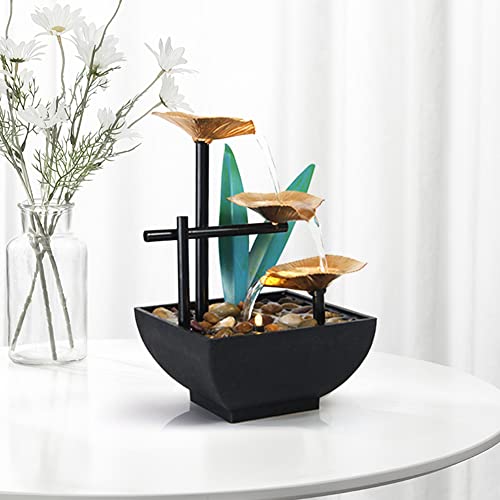 Desktop Waterfall Function,Indoor 3-Tier Gold Lotus Leaf Shaped Tabletop Fountain, with Natural River Rock,Adjustable Automatic Pump