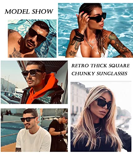 EYLRIM Thick Square Frame Sunglasses for Women Men Fashion Chunky Rectangle Sun Glasses Black Shades(10 Transparent Grey/Grey)