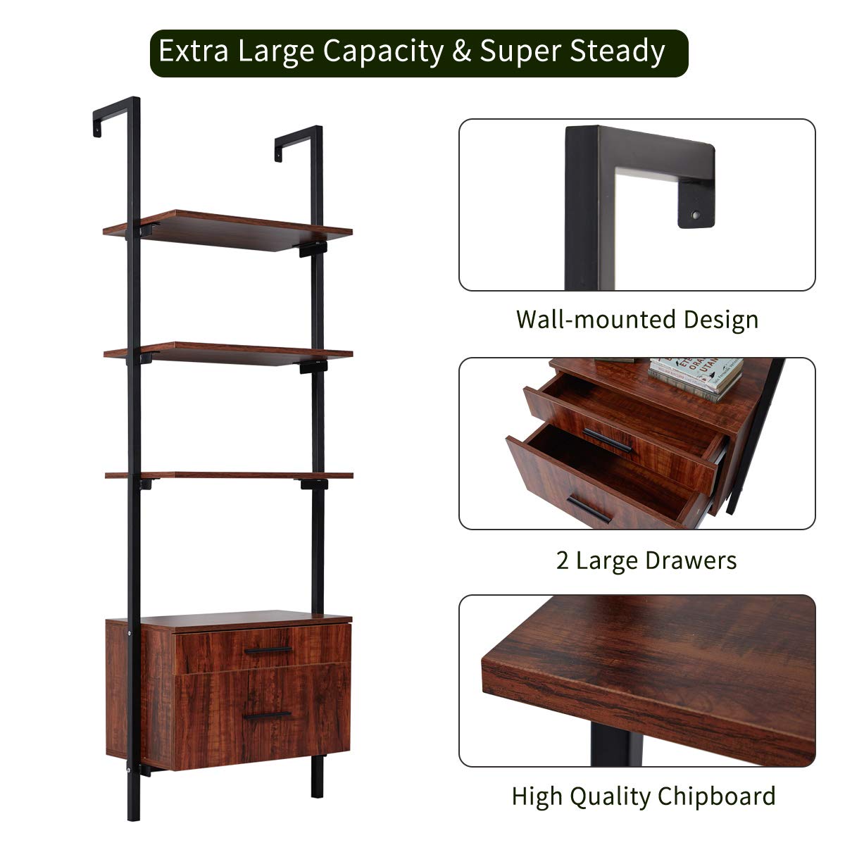 AECOJOY Wall Mounted Industrial 3-Tier Bookshelf with 2 Wood Drawers and Matte Steel Frame Ladder Shelf Bookcase, Ideal for Bathroom Home Office, Black