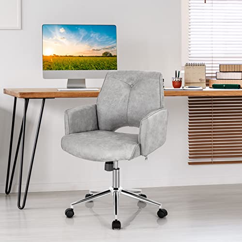 COSTWAY Ergonomic Home Office Chair, Height-Adjustable Faux Leather Computer Desk Chair w/Rolling Casters & Armrests, Upholstered Mid-Back Swivel Accent Chair for Home, Office, Study, Grey