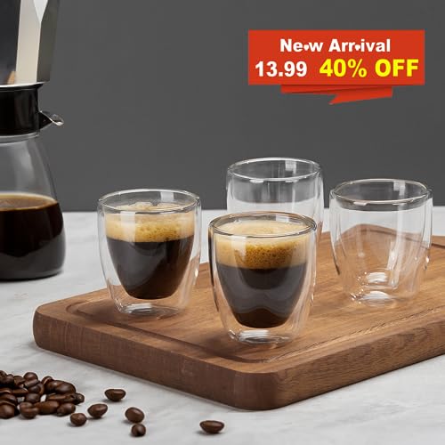 Gencywe Double Walled Espresso Cups Set of 4, 3 Ounce Clear Expresso Coffee Mugs, Espresso Shot Glasses, Double Wall Insulated Espresso Cups Suit for Espresso Machine, Microwave Safe