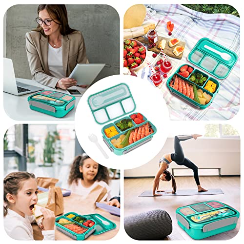 Bento Box, Lunch Box Containers for Toddler/Kids/Adults, 1300ml-4 Compartments&Fork, Leak-Proof, Microwave/Dishwasher/Freezer Safe, Bpa-Free(Green)