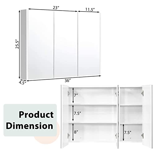 Tangkula Bathroom Medicine Cabinet with 3 Mirror Doors, Wall Mount Wide Mirrored Cabinet with Adjustable Shelf, Triple Mirrored Doors Storage Cabinet for Bathroom Living Room, 36 x 4.5 x 25.5 Inches
