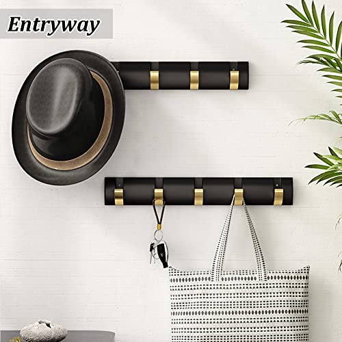DMYMAT Coat Rack Wall Mounted with 5 Folding Hooks, 15.8 Inch Space Saving Wall Coat Hook, Black Gold Towel Hooks for Bathroom, Bedroom, Entryway, Hats, Scarves, Umbrella and Keys