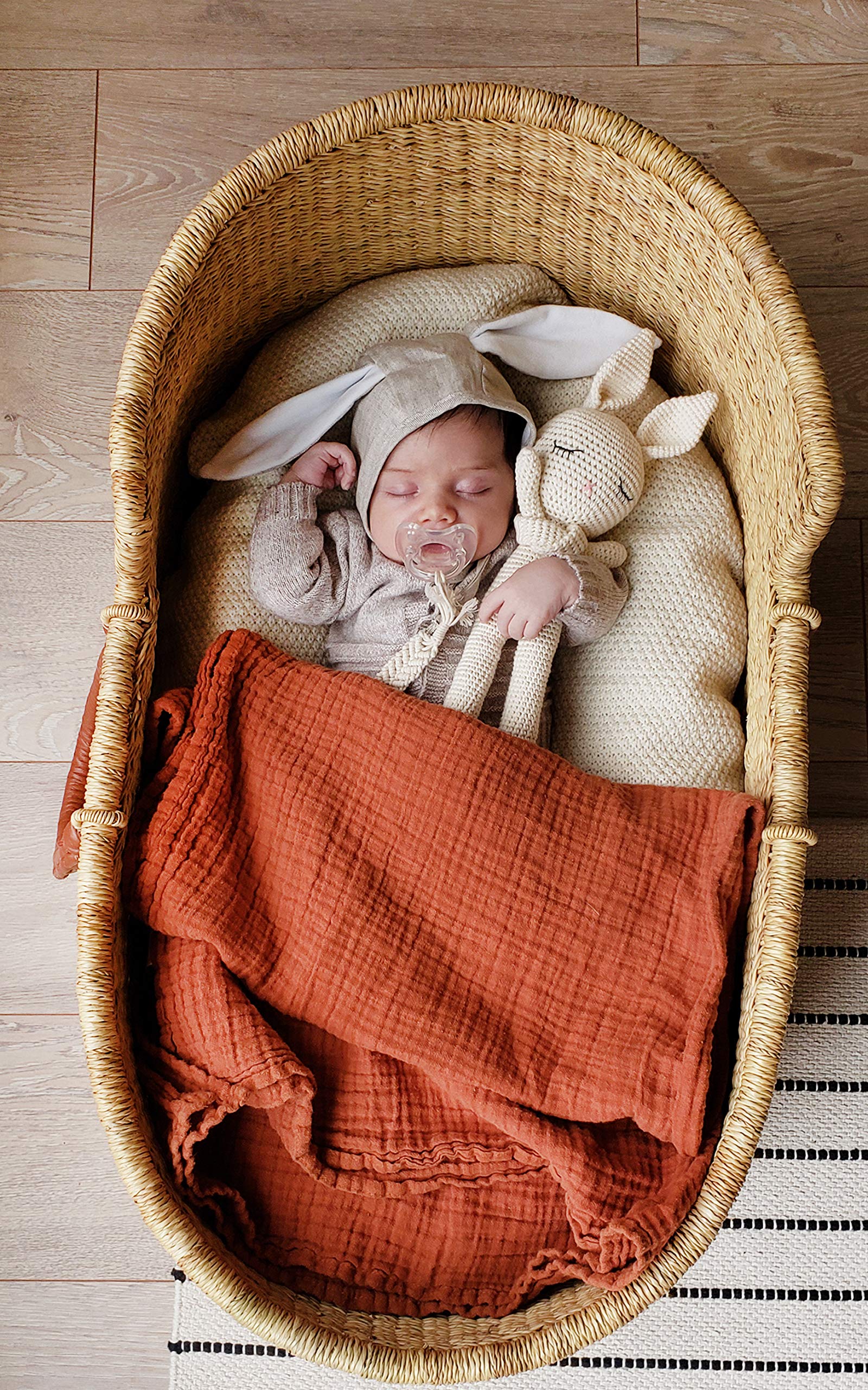 Cotton Crochet Bunny Doll Rattle Sleepy Head Bunny Toy | 13 inch Baby First Stuffy Amigurumi Buddy Security Blanket Newborn Photo Prop (White Sleepy Bunny)