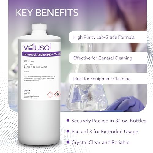 Volu-Sol Isopropyl Alcohol 99% (Isopropanol) - High Purity, USP | Kosher Grade IPA for Lab Equipment, Electronics, & Medical Cleaning - Clear Bottle, 1L/ 32 oz. (1 Pack)