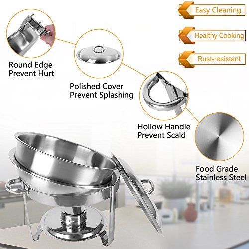 ROVSUN 5 Qt 4 Packed Full Size Stainless Steel Chafing Dish Buffet Set, Silver Round Catering Warmer Set with Food and Water Trays, Mirror Cover, Thick Stand Frame for Kitchen Party Banquet