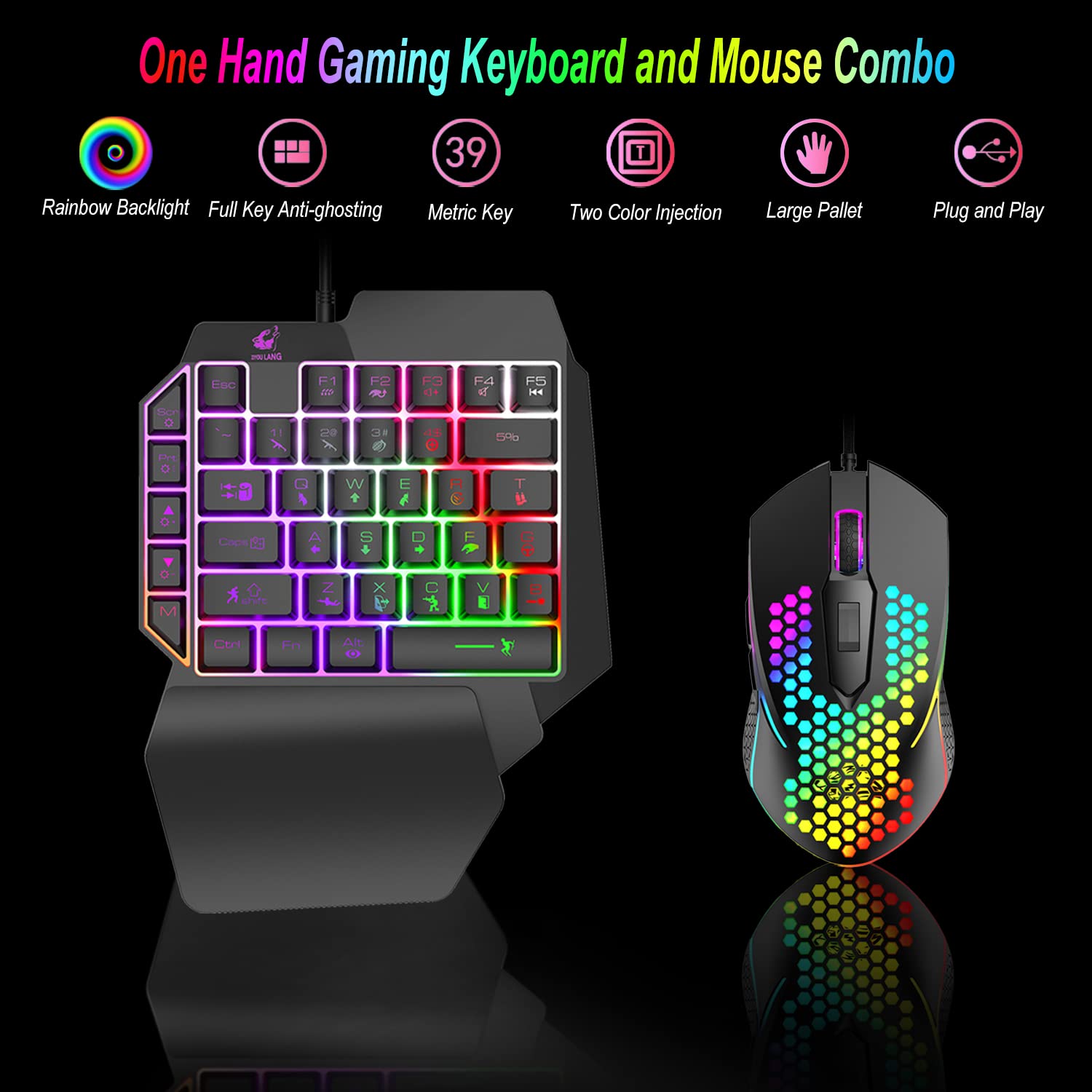 One Handed Gaming Keyboard and Mouse Combo,Rainbow Backlit 39 Keys Mechanical Feel Portable Mini Gaming Keypad+RGB Gaming Mouse+G6L LED Backlit Converter for Xbox One/Xbox 360/PS5/PS4/PS3/PC