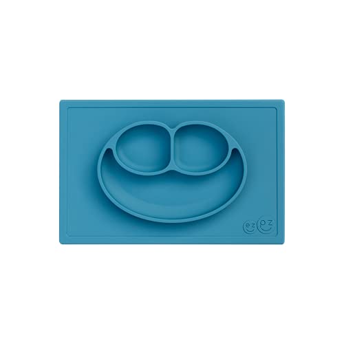 ezpz Happy Mat (Blue) New Version - 100% Silicone Suction Plate with Built-in Placemat for Toddlers + Preschoolers - Divided Plate - Dishwasher Safe