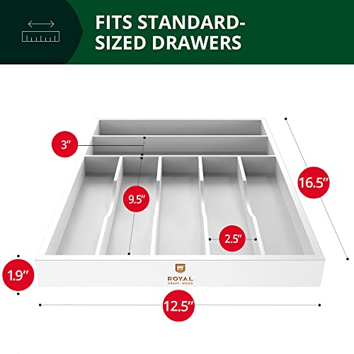 ROYAL CRAFT WOOD Luxury Bamboo Caddy Kitchen Drawer and Silverware Organizer, Utensil Holder and Cutlery Tray with Grooved Drawer Dividers for Flatware 7 Slot, White