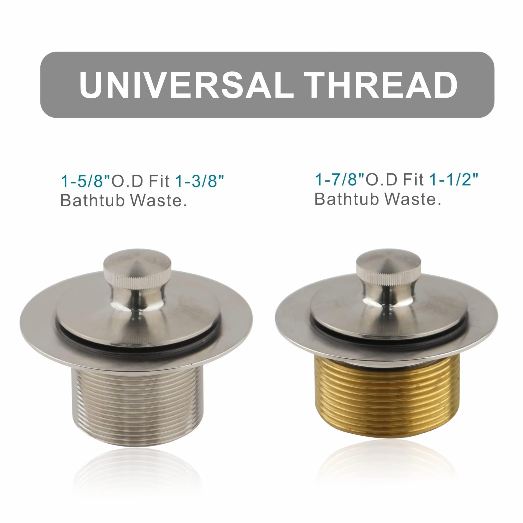 All Metal Tub Drain and Overflow Kit with Single Hole Overflow Faceplate, Welsan Universal Lift & Turn Bathtub Drain Kit with Fine/Coarse Thread Conversion Twist Trim Kit Assembly-Brushed Nickel