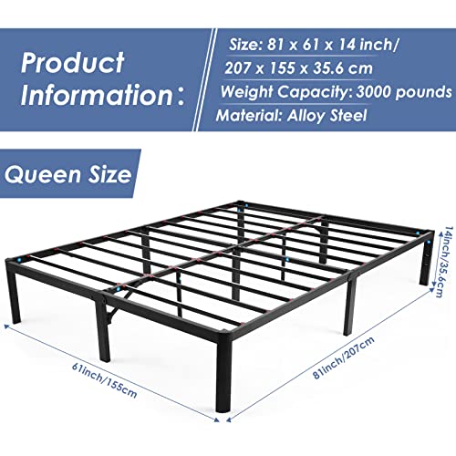 Devo Queen Bed Frame 14 Inch Heavy Duty Metal Platform Beds No Box Spring Needed with Sturdy Steal Slats Mattress Foundation Support Up to 3000 lbs, Easy Assembly, Noise Free,81x61inch, Black