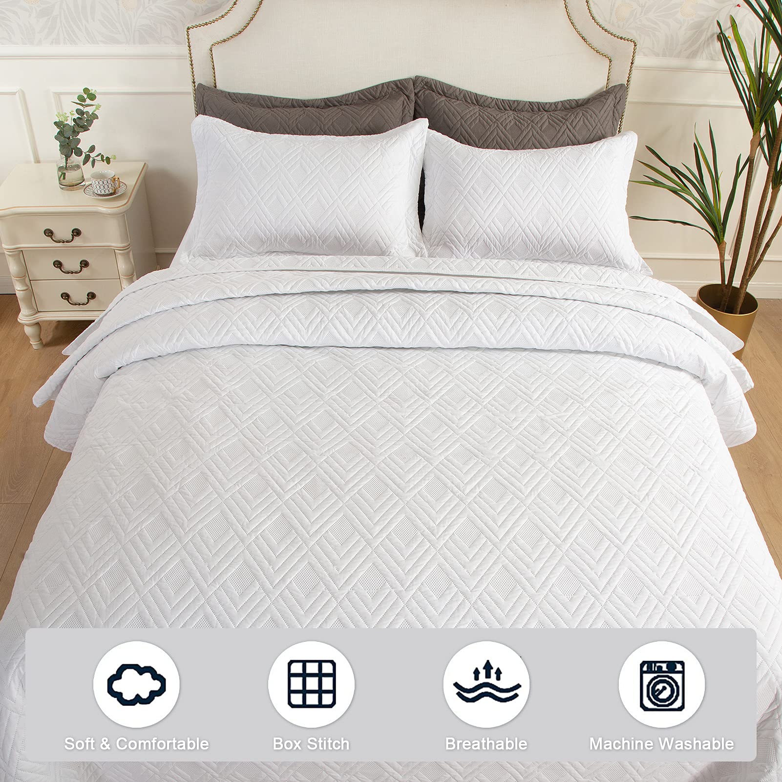 Hygge Hush Summer Quilt Set, Twin Size Pure White L Pattern 2 Pieces Oversized Modern Style Bedspread Set for All Season (1 Quilt & 1 Pillow Shams)