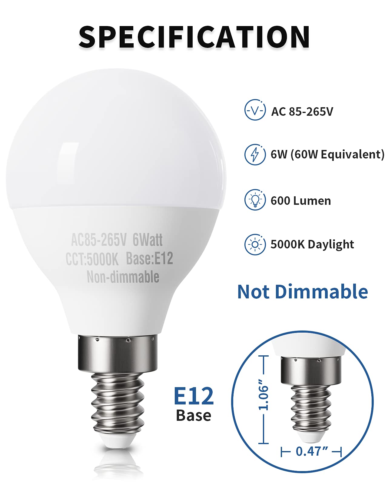 8 Pack E12 LED Ceiling Fan Light Bulbs 120V 60W Eqv., Daylight 5000K, A15 Candebalra Light Bulbs Small Base, Bright LED Bulb Round, Not Dimmable
