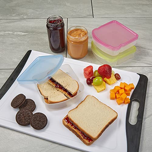 Kitchen & Cabana Small Sandwich Containers in 3 Fun Colors - Easy Open & Close and BPA Free (3 Pack - Blue/Green/Pink)