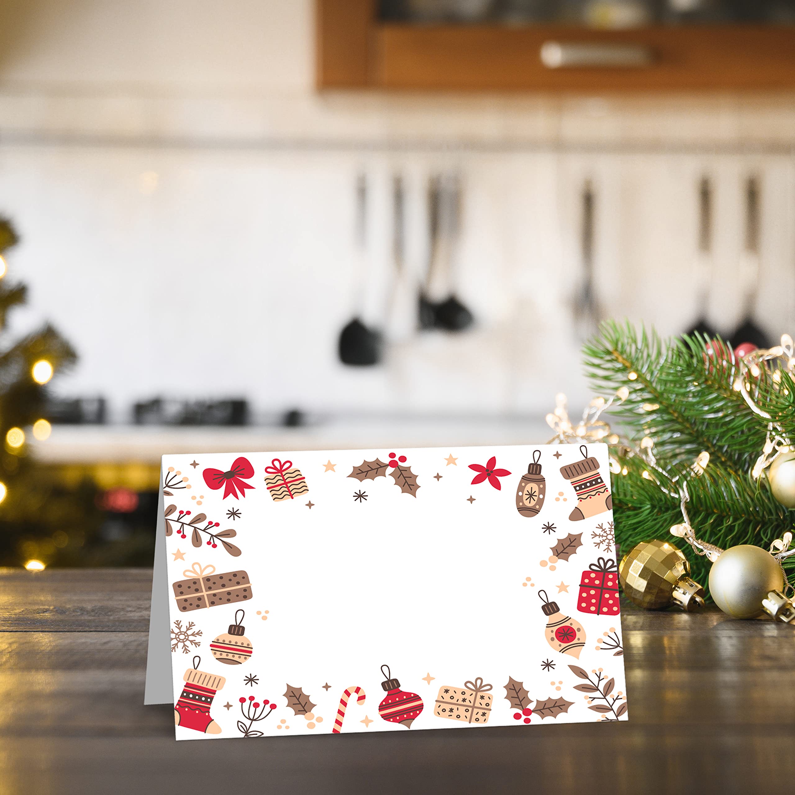 Christmas Table Place Cards, Xmas Blank Seating Place Card for Table, 25 Pack Buffet Food Tent Labels, Double Design Name Cards, Scored for Easy Folding, Christmas Party Decorations(05)