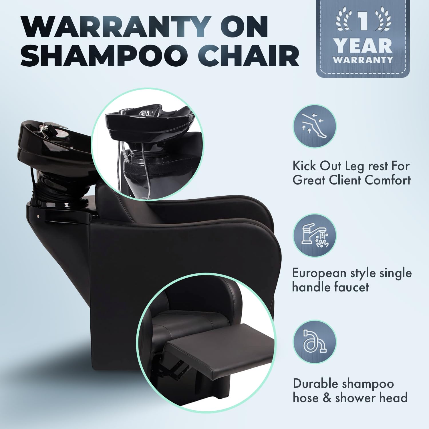 Buy-Rite Lexus Backwash Unit - Salon Shampoo Chair & Tilting Porcelain Shampoo Bowl, European Style Single Handle Faucet, Extra Wide Seat and Kick-Out Leg Rest, TS-8018B (Black)