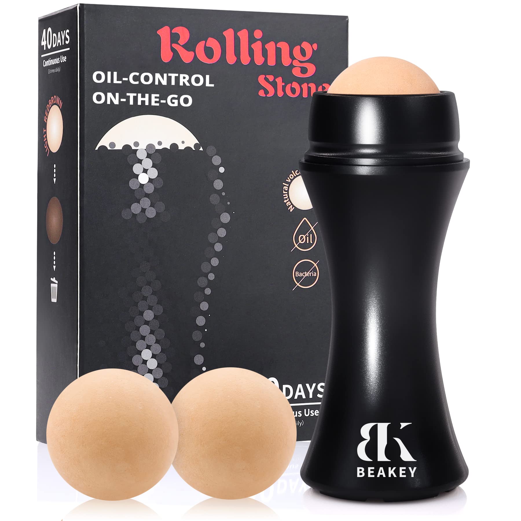 BK BEAKEY Oil-absorbing Volcanic Roller with Two Replaceable Volcanic Balls, Reusable On-the-Go Oil Control Roller, Instant Results Remove Excess Shiny
