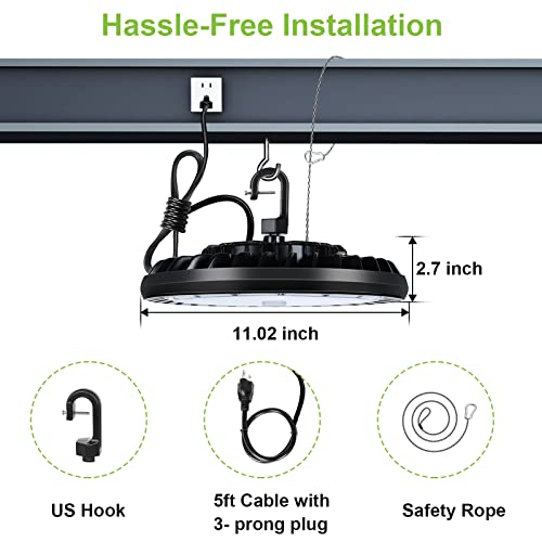 hykolity 2 Pack LED High Bay Light 150W, 5000K UFO LED High Bay Light Fixture with US Plug [250W MH/HPS Equiv.] 100-277V, 19,500lm, IP66 Commercial Warehouse Area Light for Wet Location