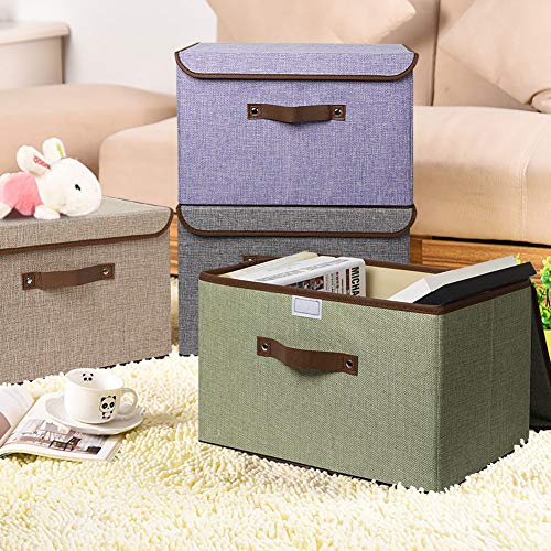UUJOLY Large Storage Bins Linen Fabric Foldable Basket Cubes Organizer Storage Box Drawer with Lid and Handles for Home, Office, Closet, Bedroom, Nursery((Green-2pcs))