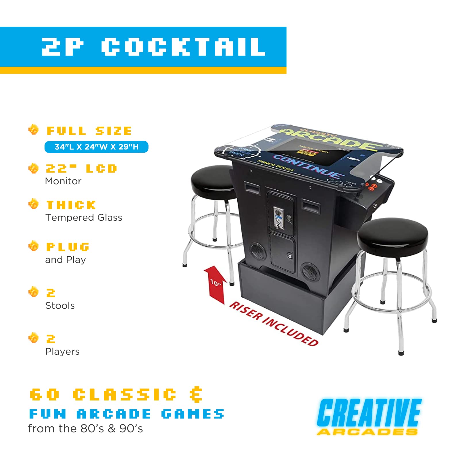 Creative Arcades Full Size Commercial Grade Cocktail Arcade Machine w/Riser | 2 Player | 60 Games | 22" LCD Screen | Square Glass Top | 2 Sanwa Joysticks | 2 Stools Included | 3 Year Warranty