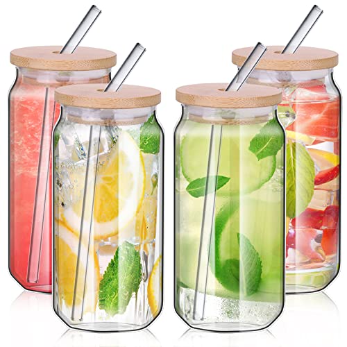 Beer Can Glass with Bamboo Lids and Straw 16 oz Drinking Glasses Can Tumbler Clear Glass Cups Reusable Beer Can Shaped High Borosilicate Glass Great for Smoothies, Tea, Cola, Juice,Soda (4pack)