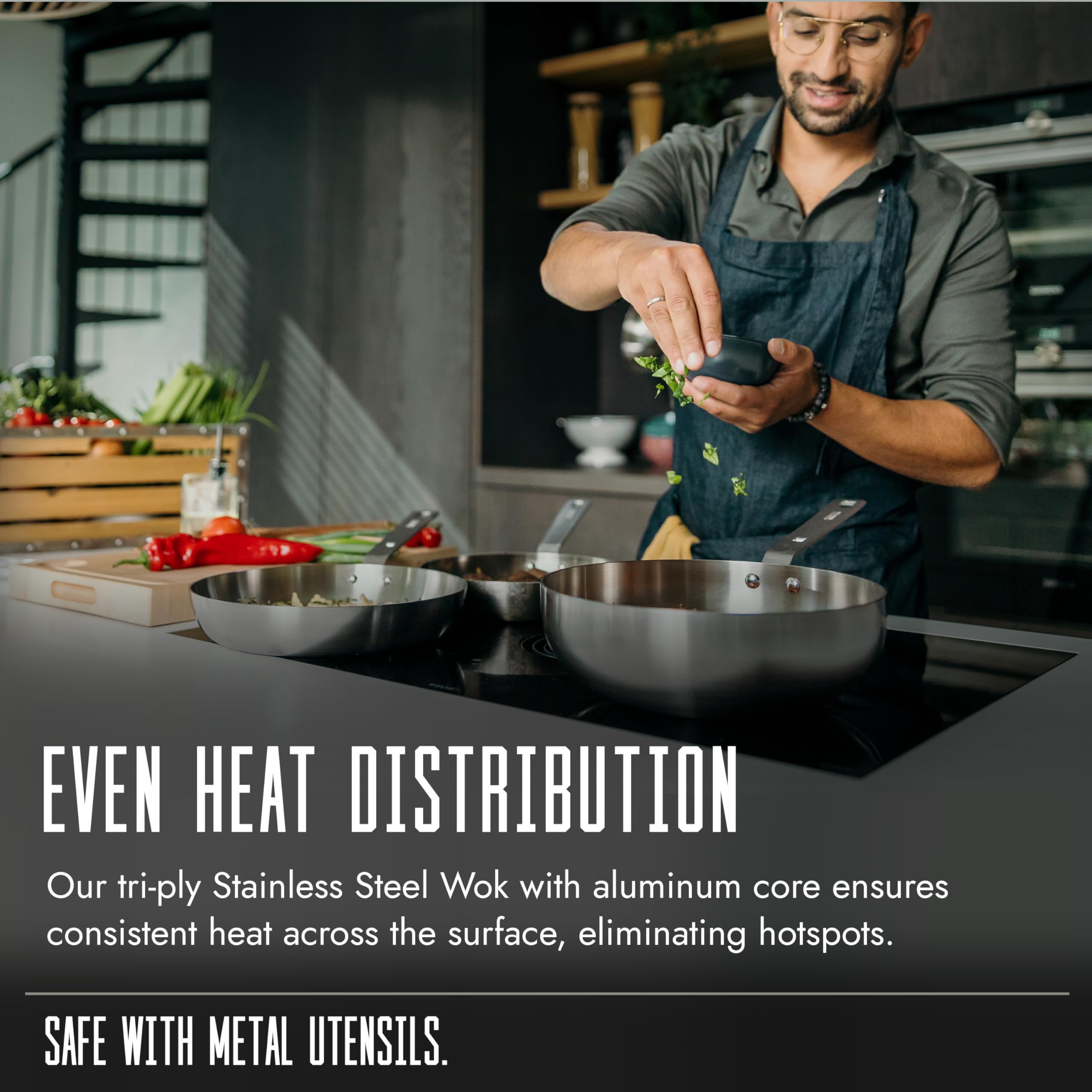 SKOTTSBERG Stainless Steel Wok (11" wide) – Suitable For All Heatsources, Safe With Metal Utensils