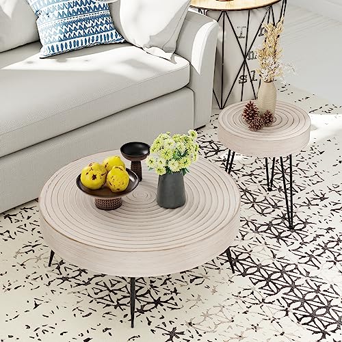 COZAYH 2-Piece Modern Farmhouse Living Room Coffee Table Set, Round Table Natural Finish with Handcrafted Wood Ring Motif, White