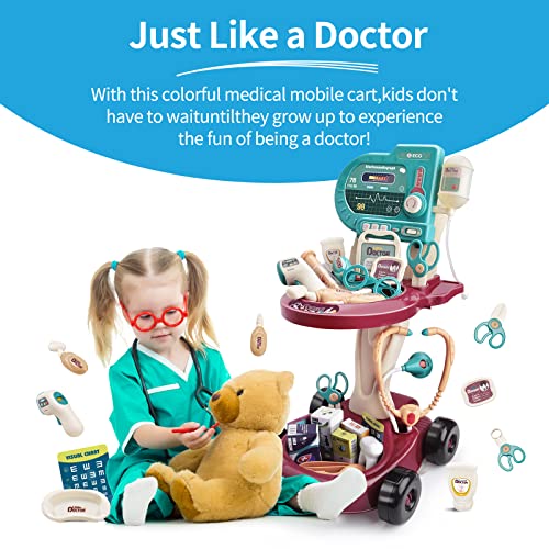 Deejoy Toy Doctor Kit for Kids , Pretend Medical Station Set for Boys & Girls,24 Accessories Mobile Cart with Lights, Eye Chart,, Thermometer, Stethoscope, Pulse Machine,Great Gift for Toddlers