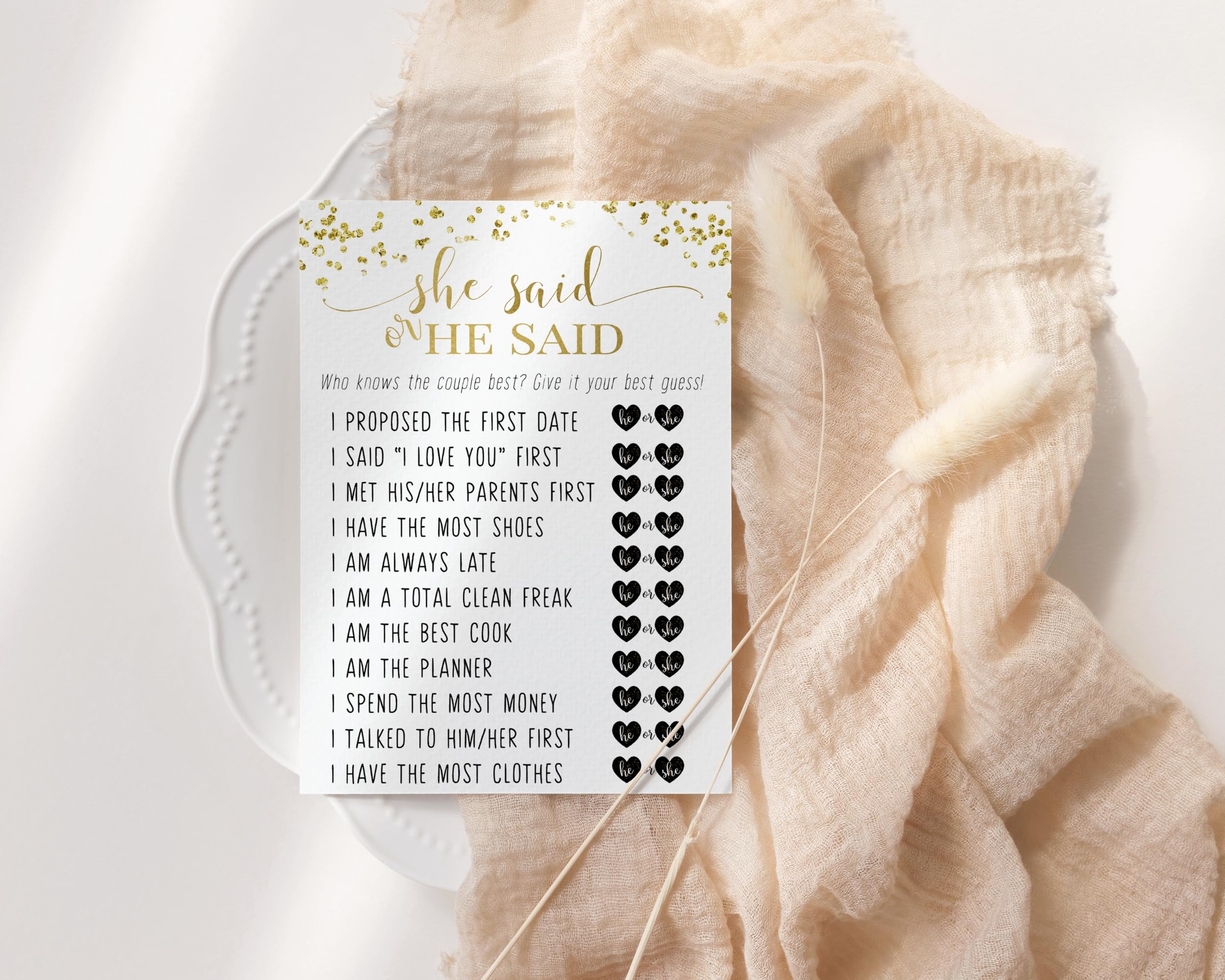 Black and Gold Bridal Shower Game He or She Said β 25 Pack, Couples Wedding Engagement Party Games, Reception Decor and Ideas, Fun Bridal Shower Guest Activities