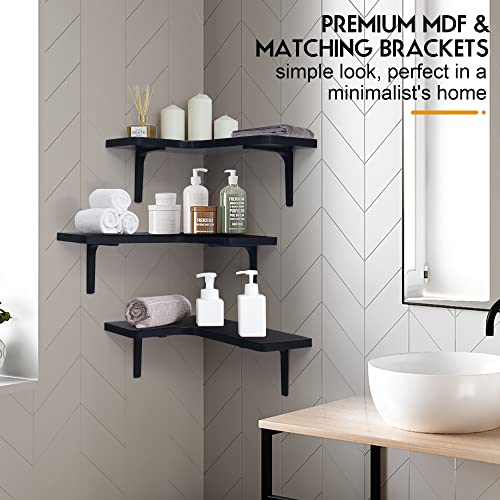 Corner Floating Shelves Set of 4 | Corner Wall Shelves | Wall Mounted Corner Storage Display Shelving for Bathroom, Bedroom, Living Room, Kitchen | 16" W x 11-2/5" D | L-Shaped, Matte Black