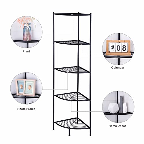 UPVOTED 5-Tier Metal Corner Wire Shelf Compact Shelving Display Unit Plant Stand Rack Freestanding for Kitchen, Office, Bedroom, Living Room, Black