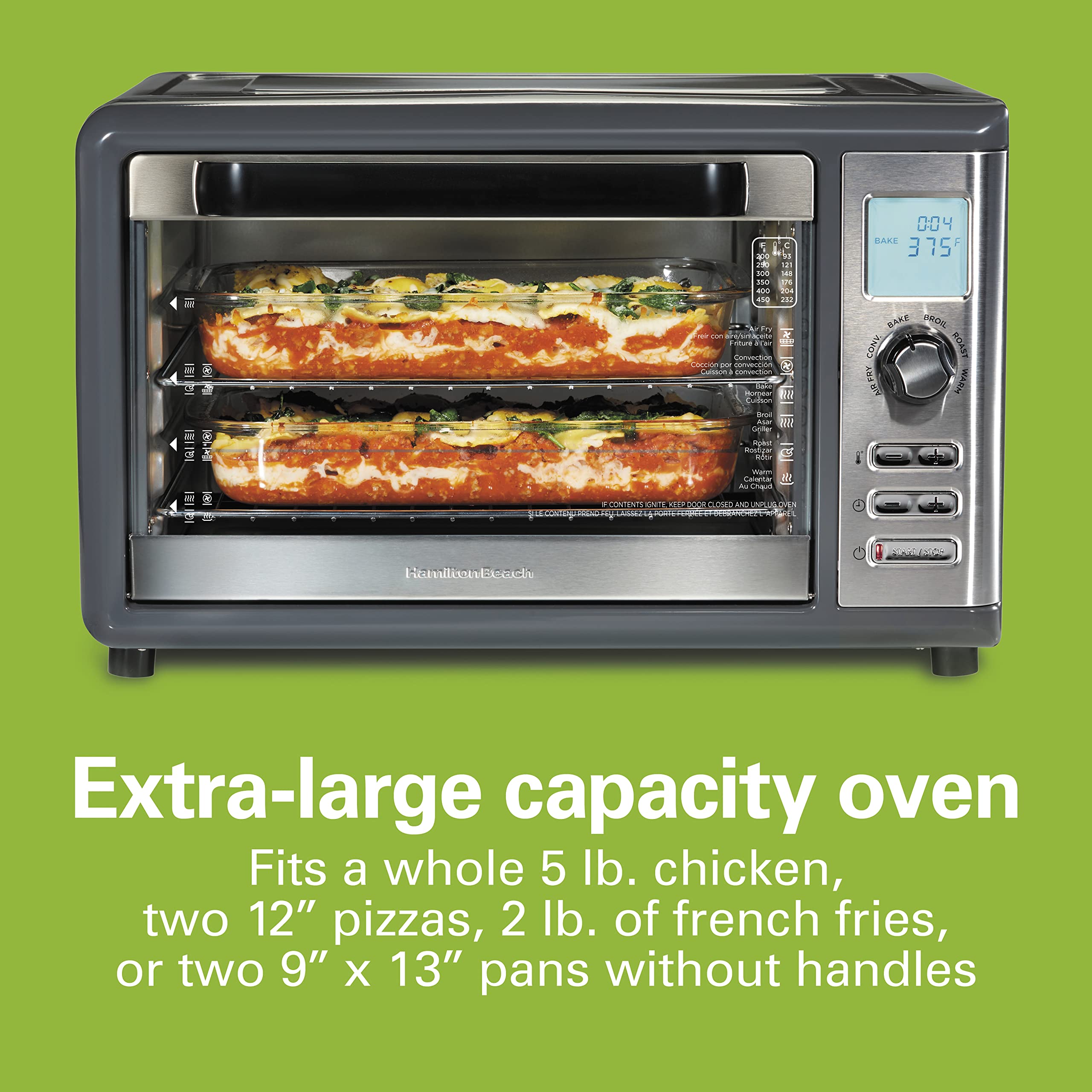 Hamilton Beach Countertop Air Fryer Oven with Sure-Crisp Technology, XL Capacity for 2 12β Pizzas, Two 9β x 13β Pans and 4 Rack Positions, Digital Controls, Grey (31390)