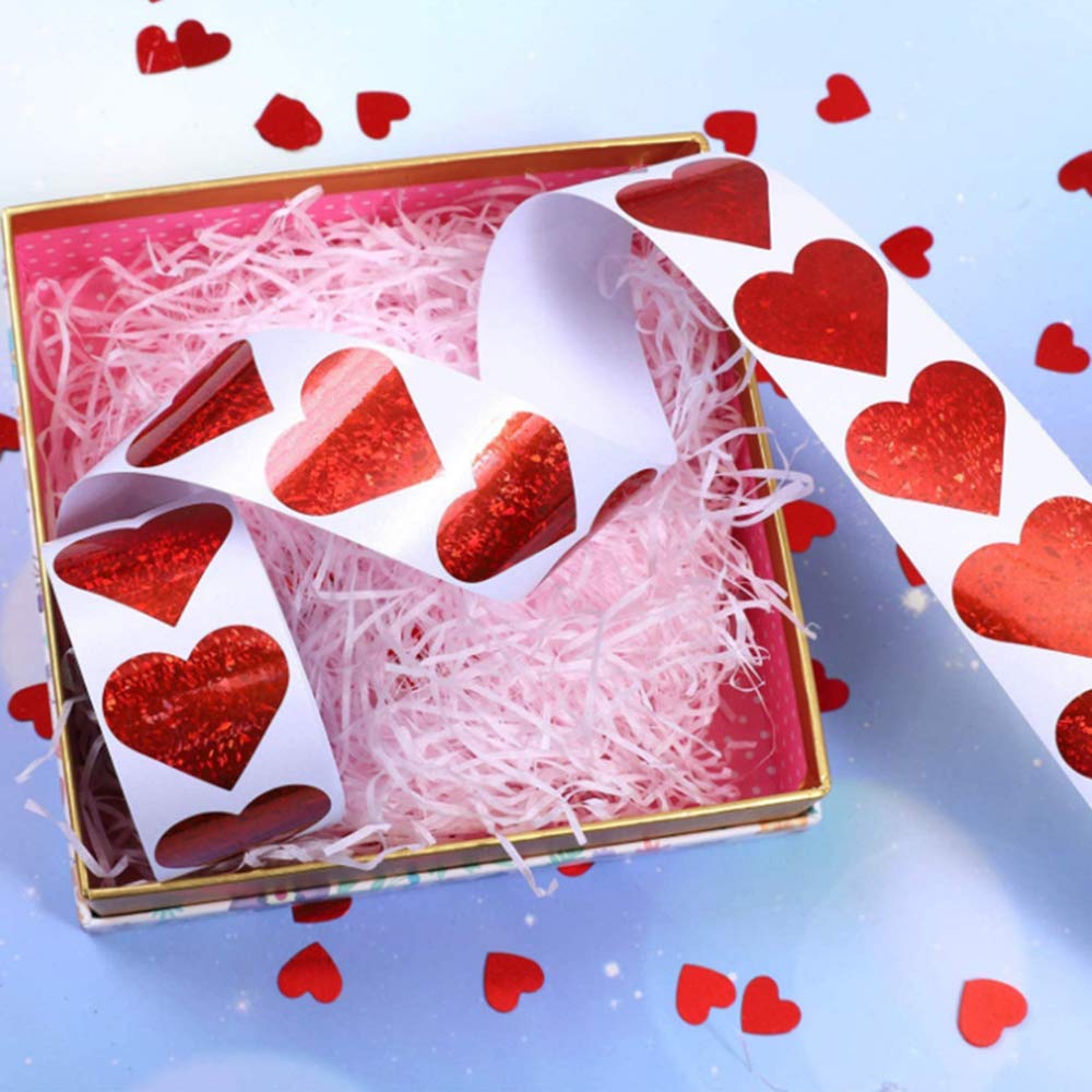 SeBeauty 1000 Red Heart Shaped Stickers, Laser Paper, 1.5'' Roll, Wedding, Valentine, Decoration Supplies