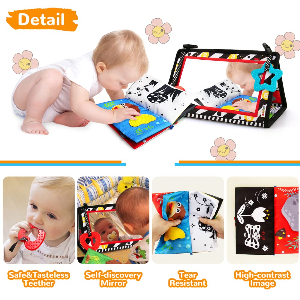 beetoy Tummy Time Baby Mirror Toys Newborn Infant Sensory Toys with Crinkle Cloth Book & Teethers, High Contrast Developmental Baby Mirror Crawling Toys 0 3 6 12 Months