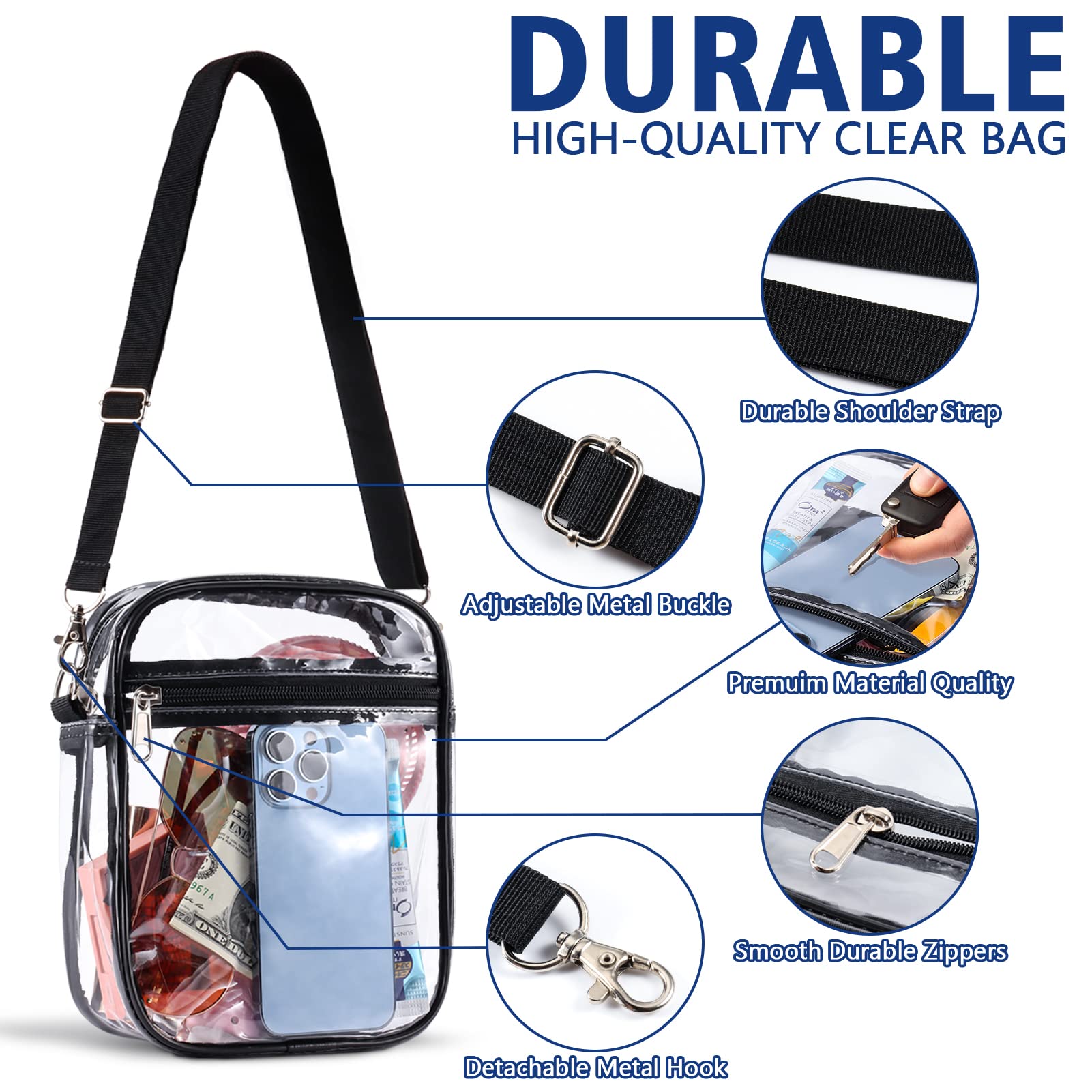 Wreiynn Clear Bag Stadium Approved - Clear Purse Bag with Adjustable Strap, Clear Concert Bag for Women Sports Events