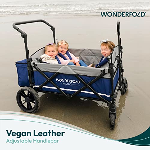 WONDERFOLD X4 Navy Multi-Function 4 Passenger Quad Push and Pull Folding Stroller Wagon, Adjustable & Removable Canopy, Double Seats with 5-Point Harness, Navy